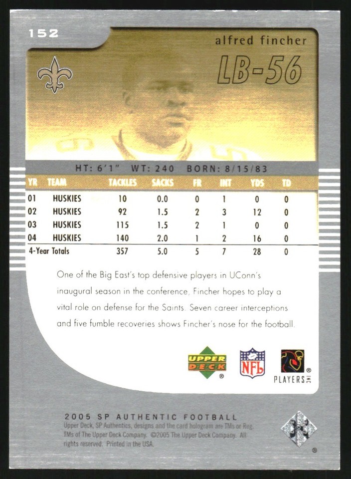 2005 SP Authentic Rookie Gold 100 #152 Alfred Fincher /100 | eBay