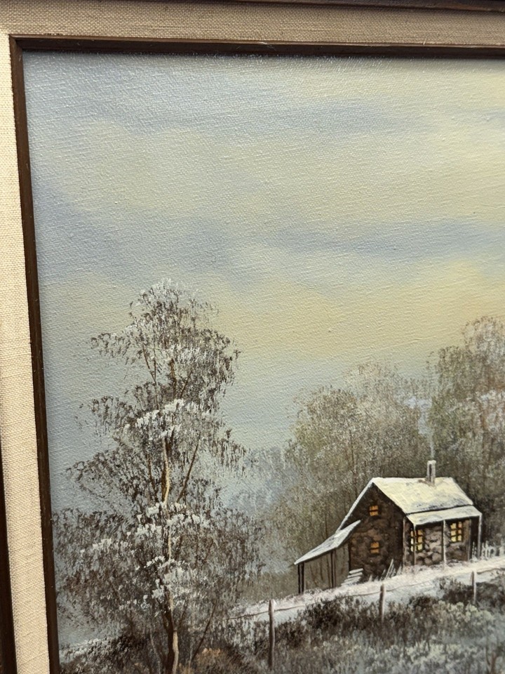VTG Original Oil Painting Canvas Winter Landscape Cabin Snow Frame ...