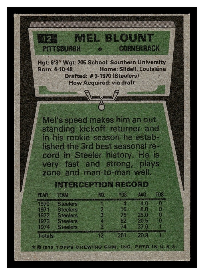 1975 TOPPS MEL BLOUNT #12 ROOKIE CARD PITTSBURGH STEELERS HOF HIGH ...