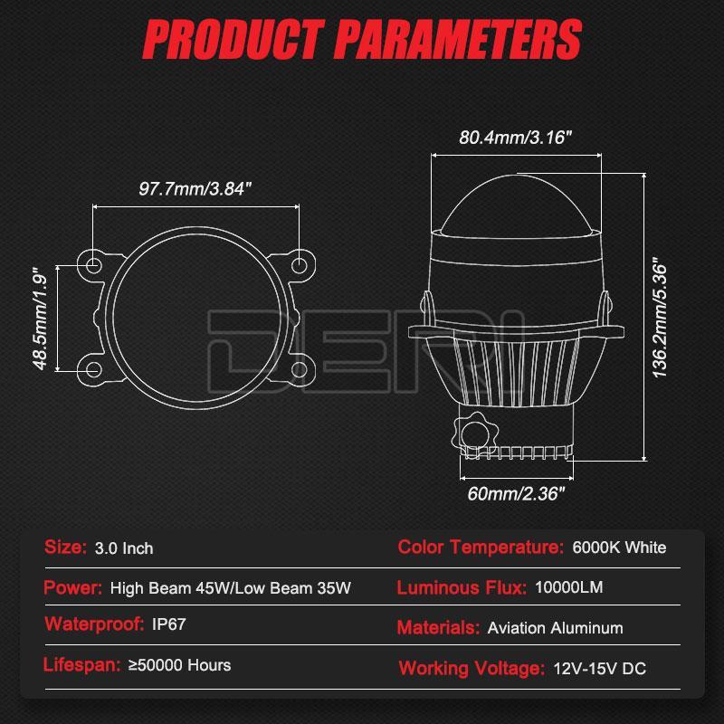 2x 3.0" Bi LED Fog Projector Lens Hi/Lo Beam Retrofit Fog Light Lamp ...