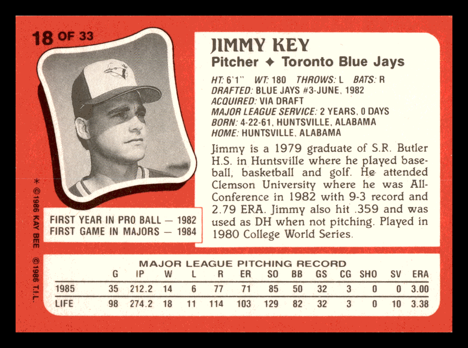 1986 Topps Kay-Bee Young Superstars of Baseball Jimmy Key #18 | eBay
