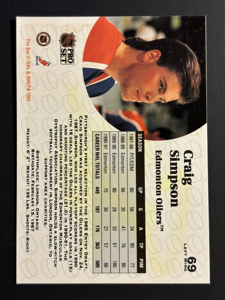 CRAIG SIMPSON EDMONTON OILERS 1991 PRO SET #69 AUTOGRAPHED HOCKEY CARD ...