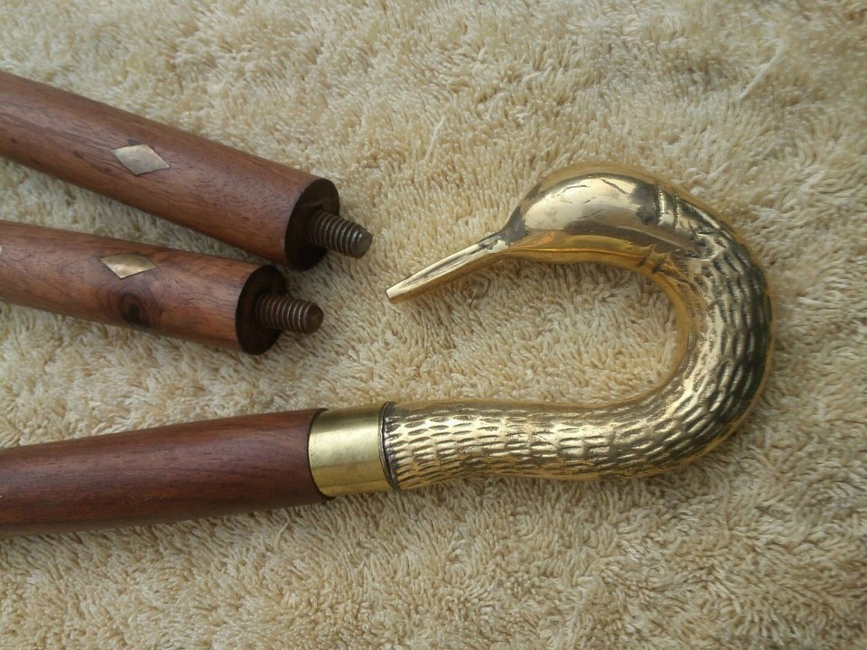 BRASS ANTIQUE VINTAGE SWAN FACE DESIGN HANDLE 3 FOLD WOODEN WALKING ...