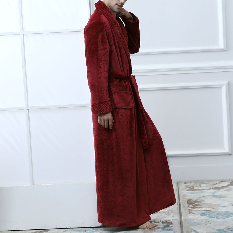 Men Long Sleeve Robe House Bathrobe Full Length Fuzzy Pocket Winter ...