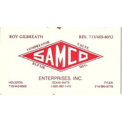 Roy Gilbreath Samco Enterprises Houston Tyler TX Vintage Business Card ...