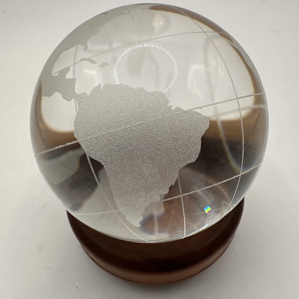Crystal GLOBE Paperweight Etched World Map W/ Wood Base Desk Office ...
