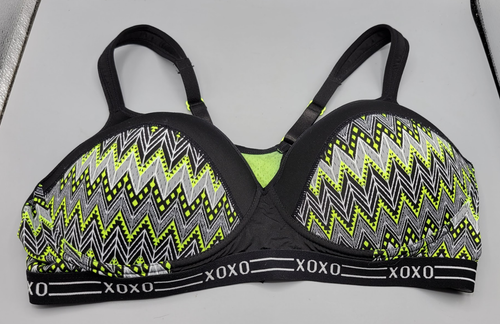 XOXO Sports Bra Size 40C No Underwire Black Lime Green White Geometric ...