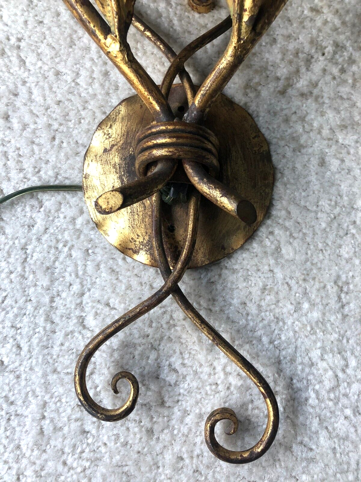 Vintage Gilt Gold Metal Double Light Fixture Sconce Globed Flowers ...