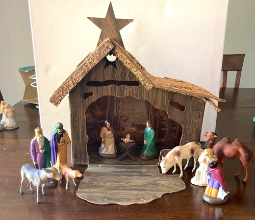 Vintage Nativity Set 11 Paper Mache Figures Cardboard Creche Putz ...