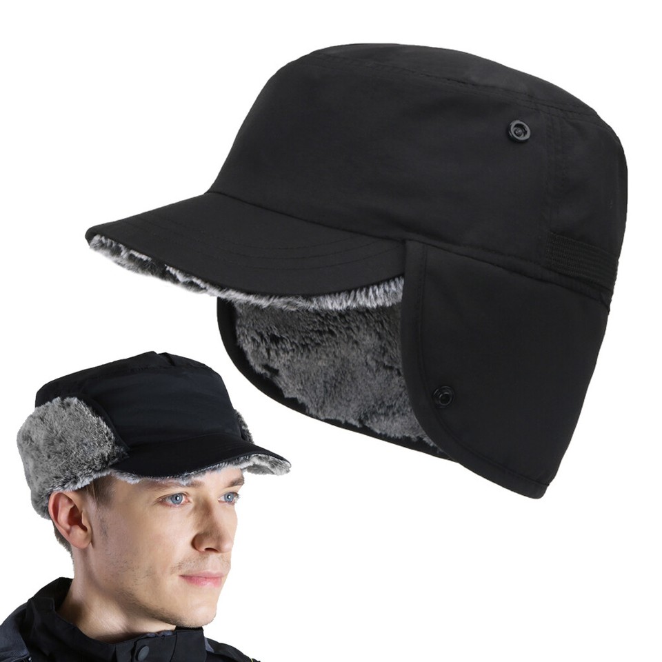 Fleece Hat with Ear Flaps Outdoor Thermal Windproof Warm Flat Cap for ...