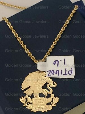 Real 14K Yellow Gold Mexico Mexican Shield Eagle Pendant Charm + 18 ...