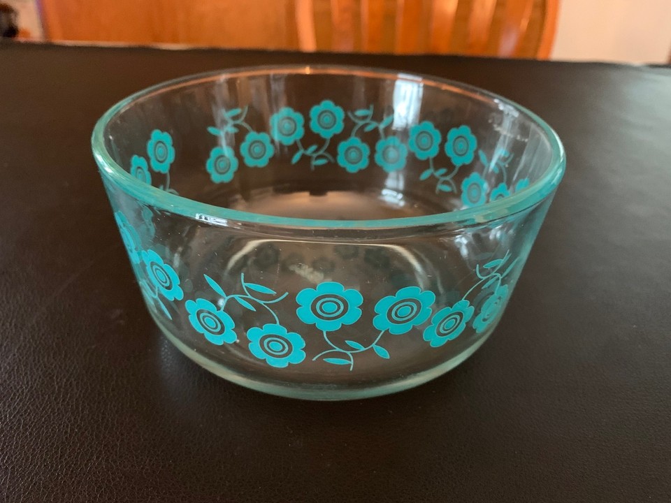 Pyrex 7201 Clear Glass Bowl 1 Qt (950ml) Teal Flowers- USA Made -No Lid ...