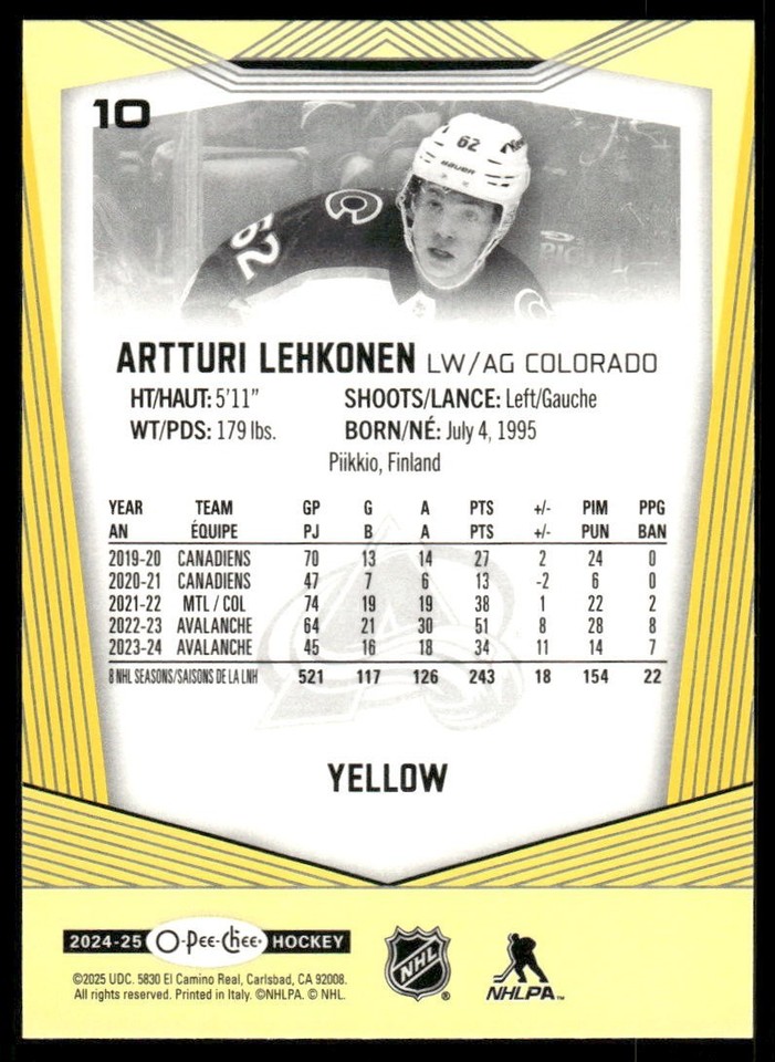 2024-25 O-Pee-Chee Yellow #10 Artturi Lehkonen | eBay