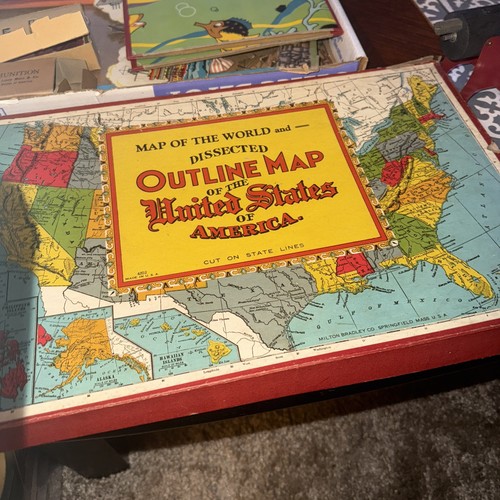 ANTIQUE DISSECTED MAP UNITED STATES JIGSAW PUZZLE MILTON BRADLEY W BOX ...