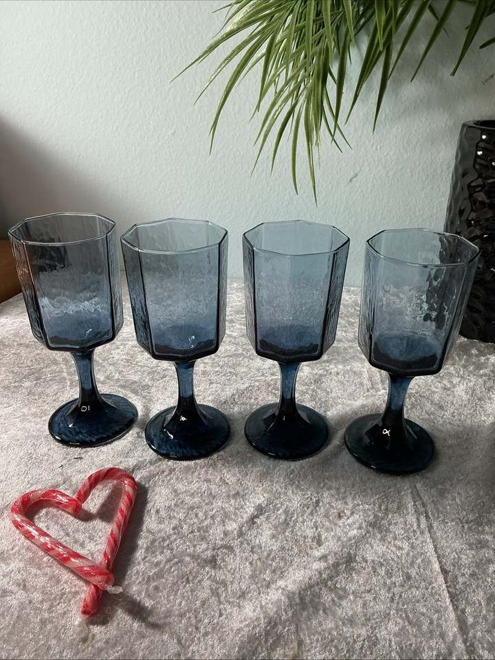 LIBBEY BLUE PANELED OCTAGON STEMMED GOBLETS FACET TEXTURED LOT OF 4 ...