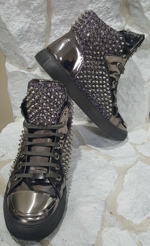 Moretti Black Label Leather Hi Sneakers Studs Silver Metallic size 10 ...