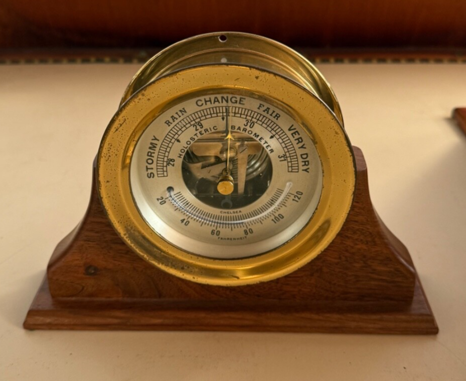 CHELSEA 3 INCH DIAL HOLOSTERIC BRASS SHIPS BAROMETER ON A CHELSEA ...