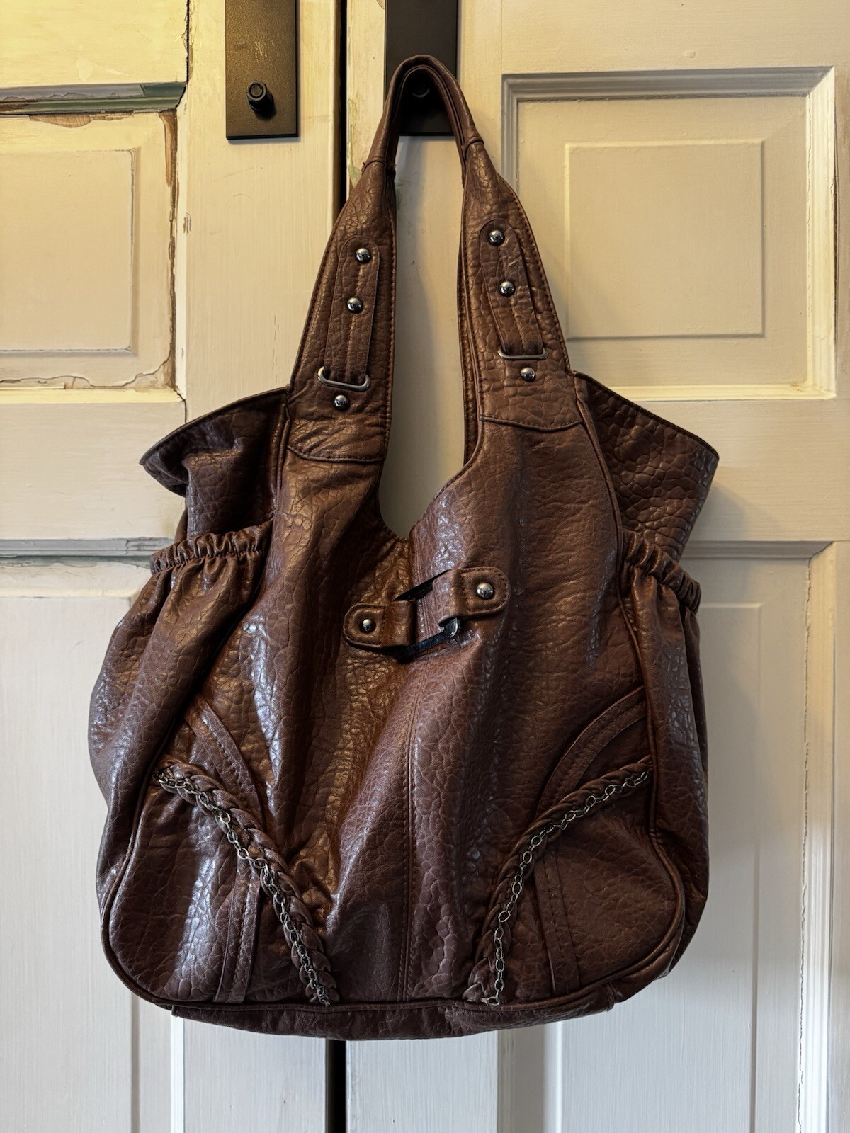 Zoe Blu NICE Brown Pebble Faux Leather Bucket Bag Purse W/chains Very ...