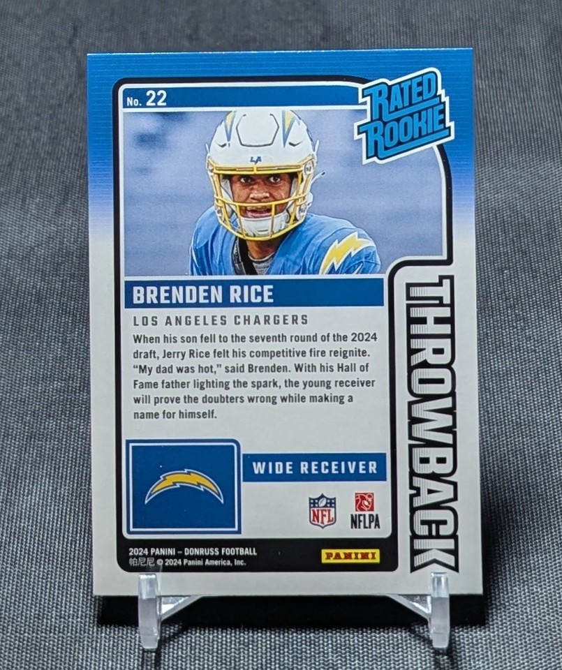 Brenden Rice Throwback Rated Rookie RC 2024 Donruss Card 22 Los Angeles ...