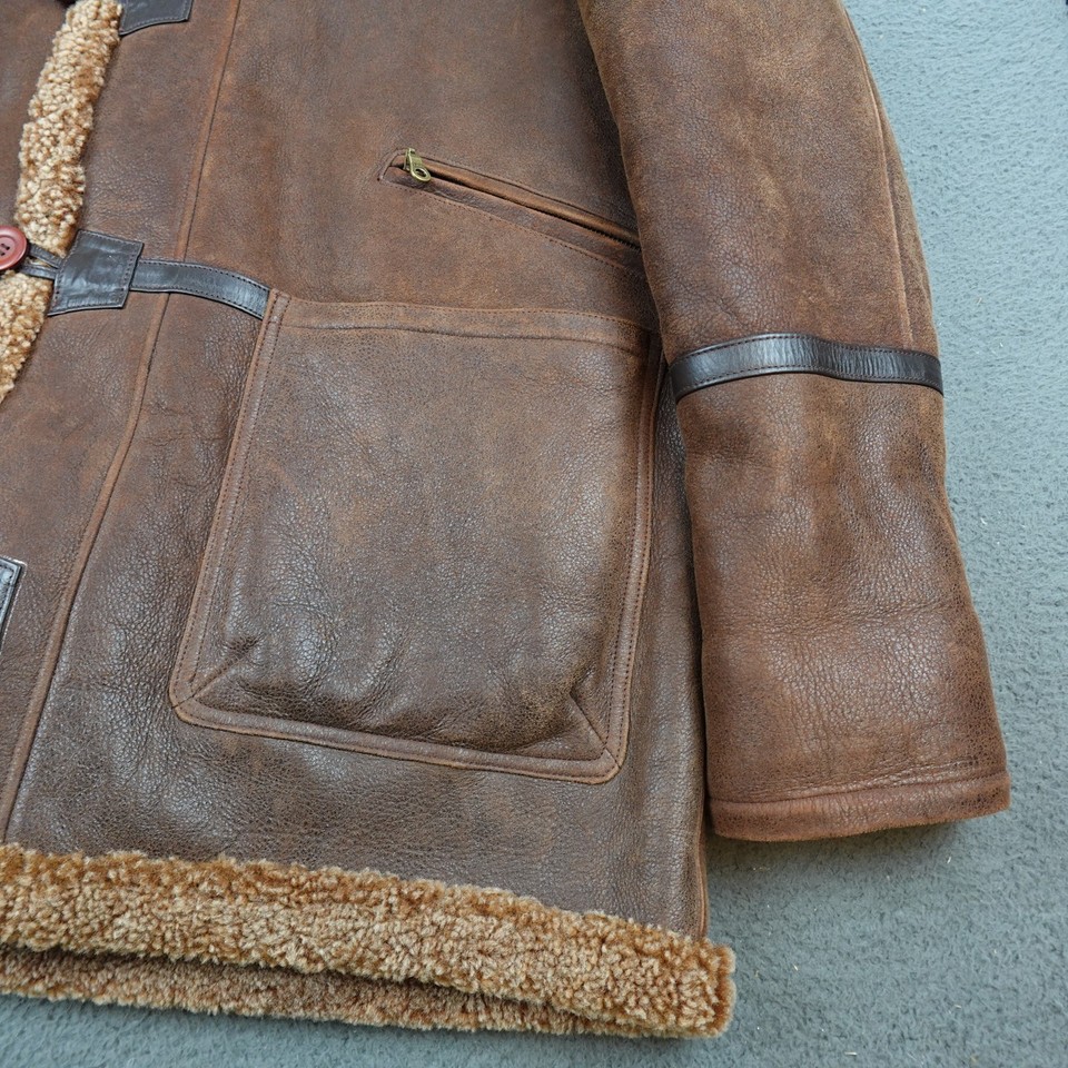 Orvis Shearling Coat Mens XL Brown Hooded Full Button Sheepskin Jacket ...
