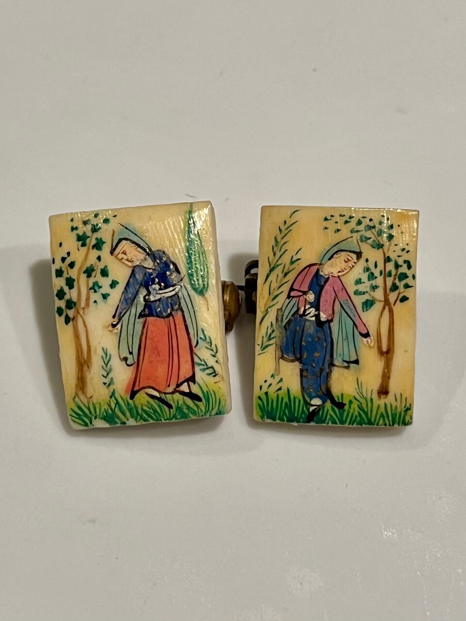 Pair of Vintage Chinese Hand Painted Bone Pins Figure… - Gem