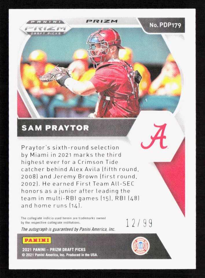 2021 2021 Prizm Draft Picks Sam Praytor Blue Auto /99 #PDP179 Alabama ...