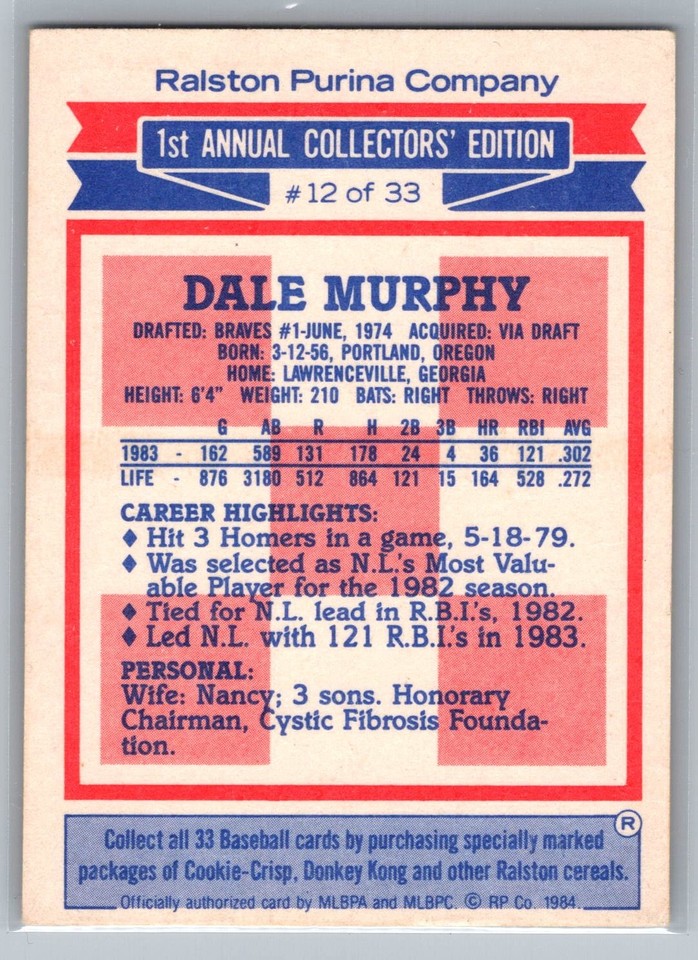 1984 Topps Ralston Purina #12 Dale Murphy Atlanta Braves | eBay