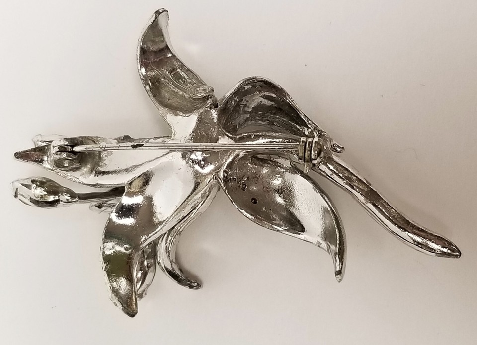 Large Vintage Signed PELL Clear Rhinestone Lily FLOWER 3D Brooch 2.5" x ...