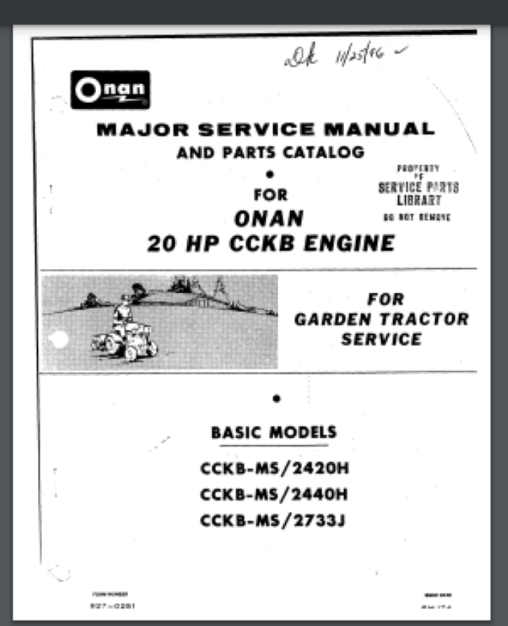 Onan CCKB 20 HP Tractor Engine Major Service & Parts manual year 1974 ...