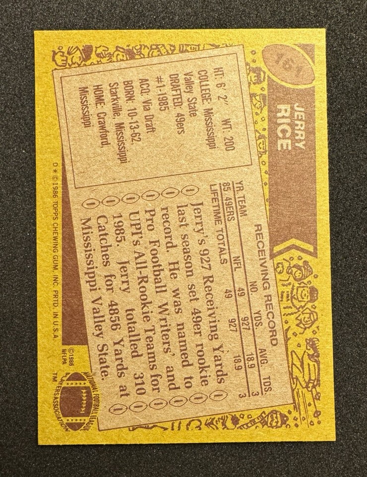 1986 Topps #161 Jerry Rice San Francisco 49ers RC Rookie “D” on ...