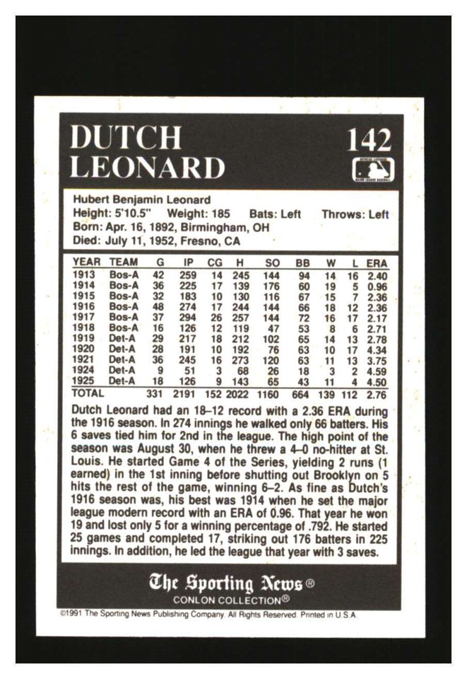 1991 Conlon Collection #142 Dutch Leonard Boston Red Sox NM-MT | eBay