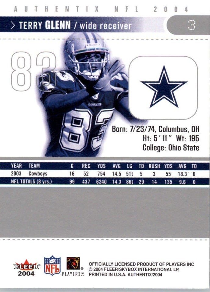 2004 Fleer Authentix #3 Terry Glenn - Dallas Cowboys | eBay