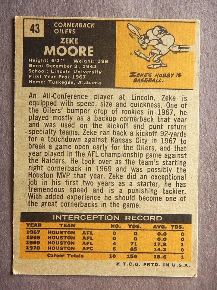 Zeke Moore #43 Topps 1971 Football Card (Houston Oilers) G | eBay