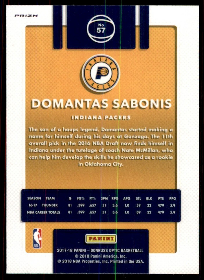 2017-18 Donruss Optic Fast Break Prizm Domantas Sabonis Indiana Pacers ...