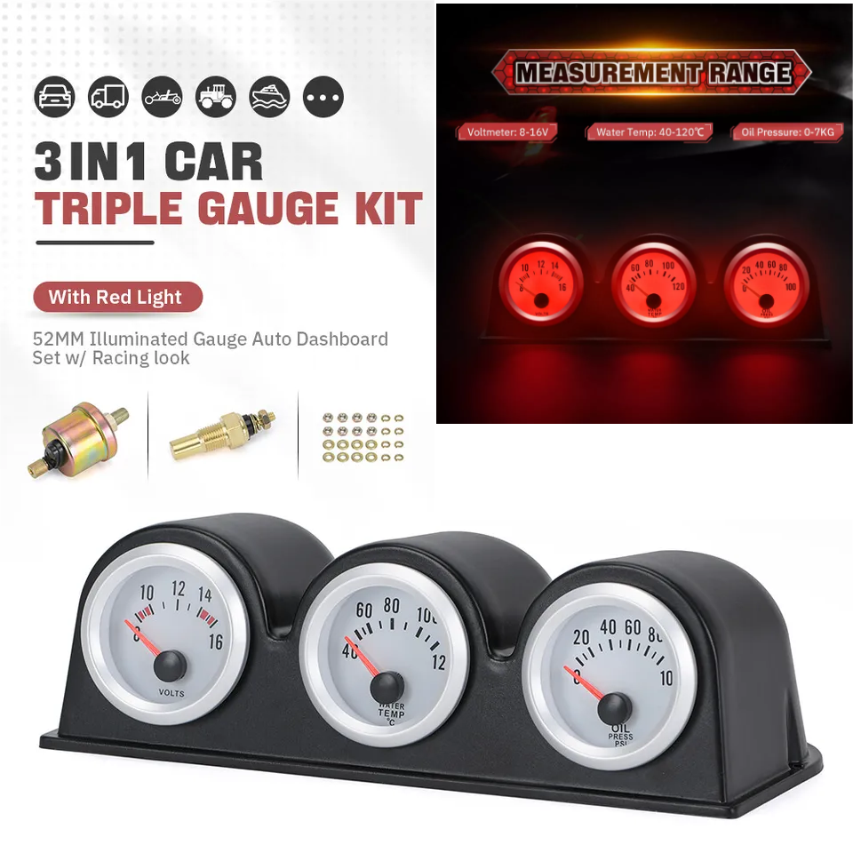 52mm Auto Gauge Set 3in1 Gauge Digital Dash Voltmeter Temperature Oil ...