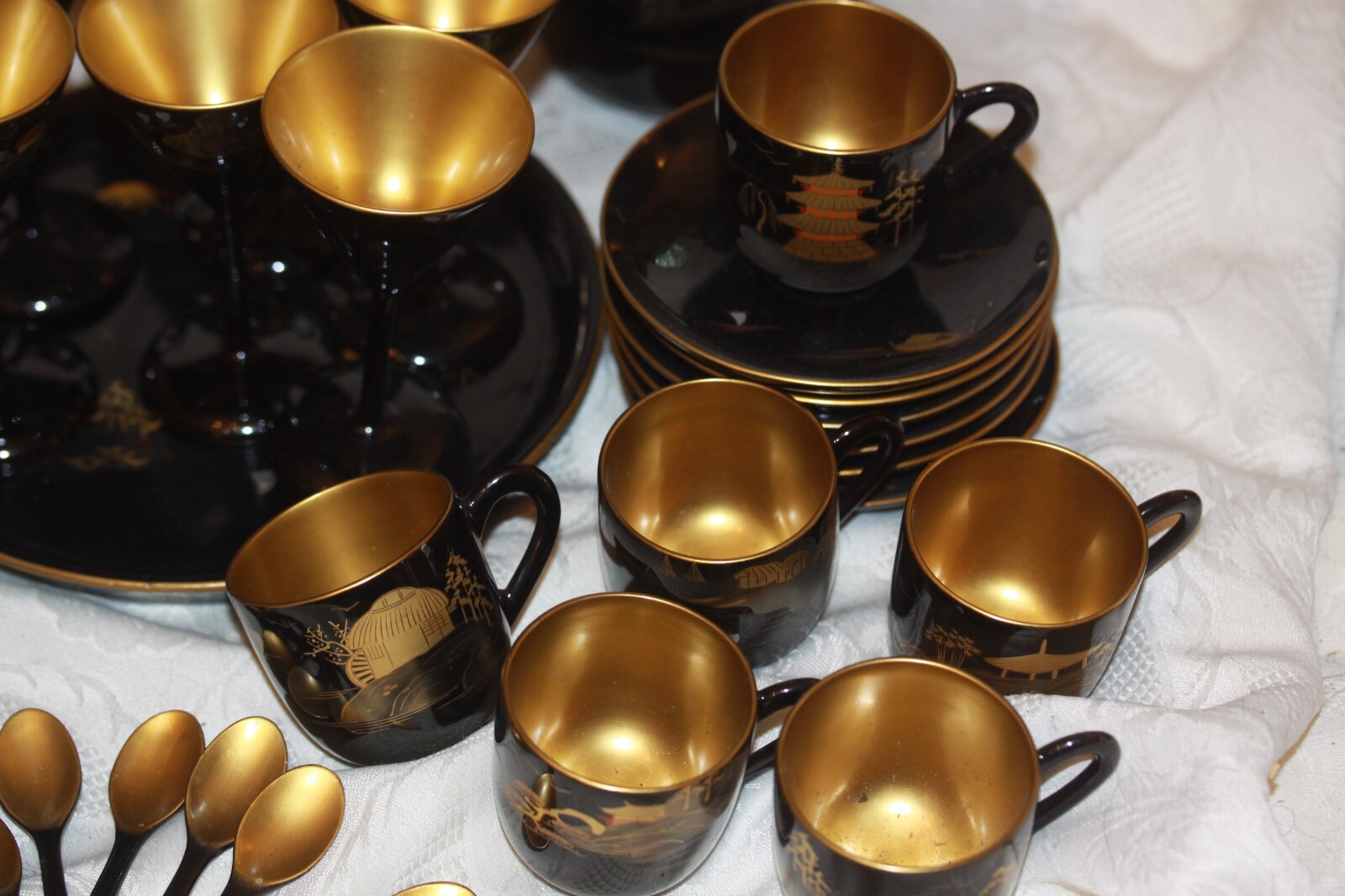 Vintage Asian Fuji Japan Lacquerware Tea Set 34 pieces Cordial Spoons ...