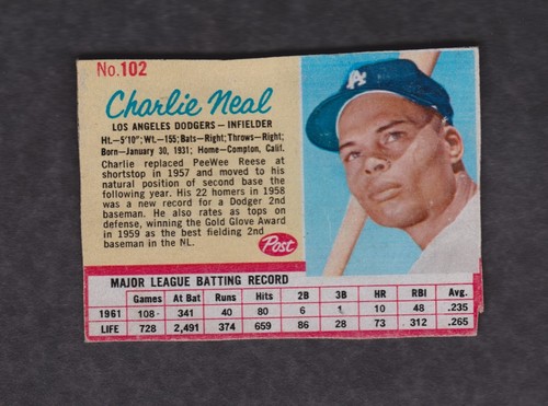 1962 Post Cereal Baseball Card #102 Charlie Neal Los Angeles Dodgers ...