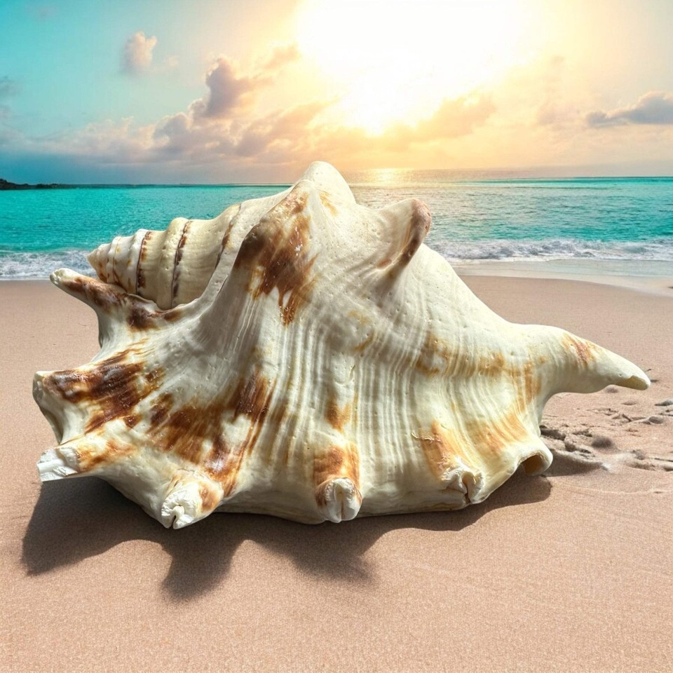 Large Conch Seashell Spiky Natural White Brown Big Sea Shell Beach Home ...