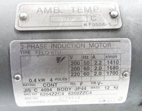 YASKAWA ELECTRIC FELQ-8TU INDUCTION MOTOR 0.4KW 4POLE 200V/50HZ/2.2A ...