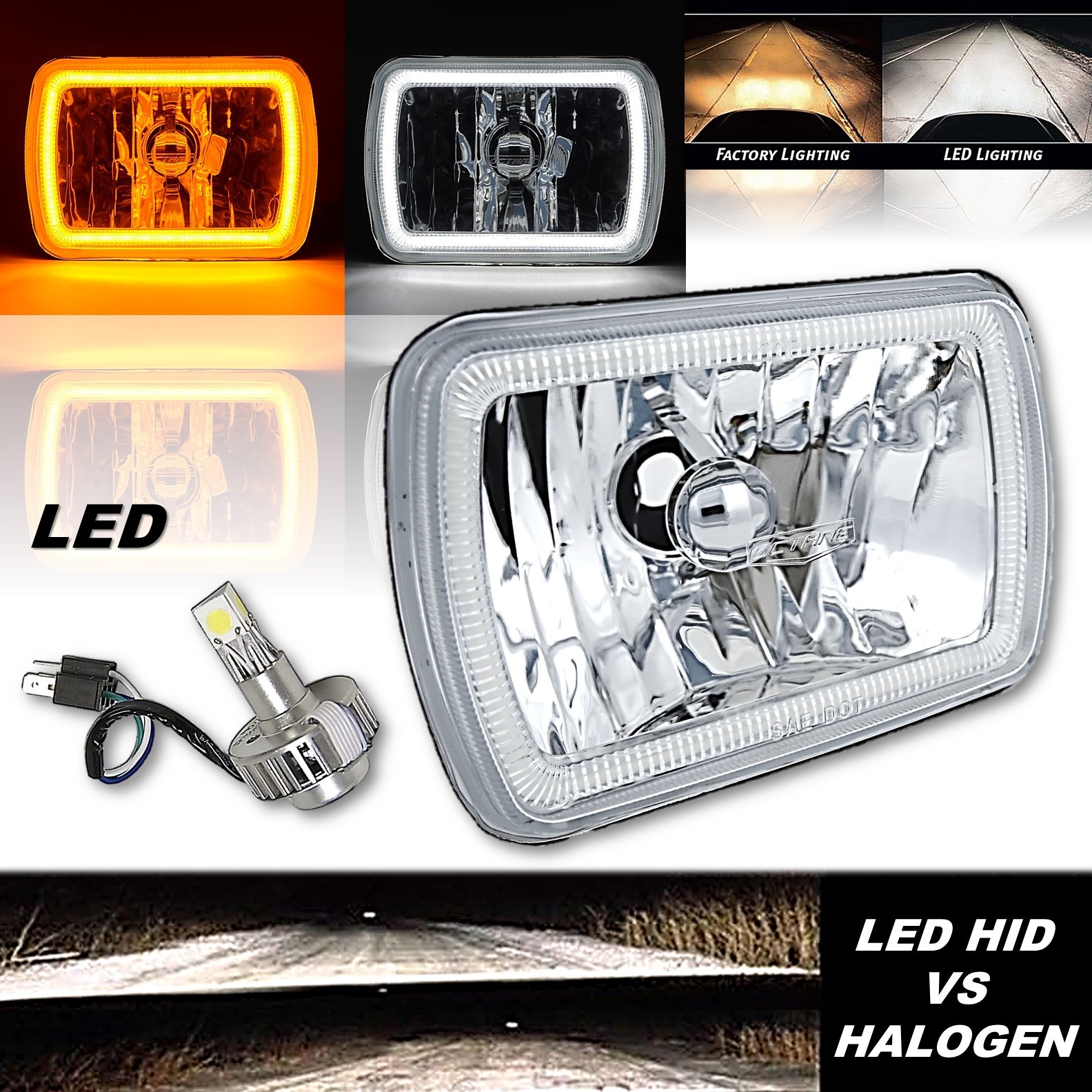 7x6" Switchback White Halo DRL Amber Turn Signal Angel Eye H4 LED ...