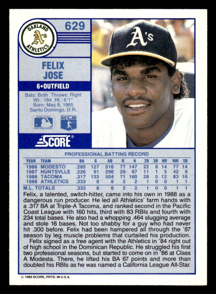 Felix Jose 1989 Score #629 Oakland Athletics | eBay