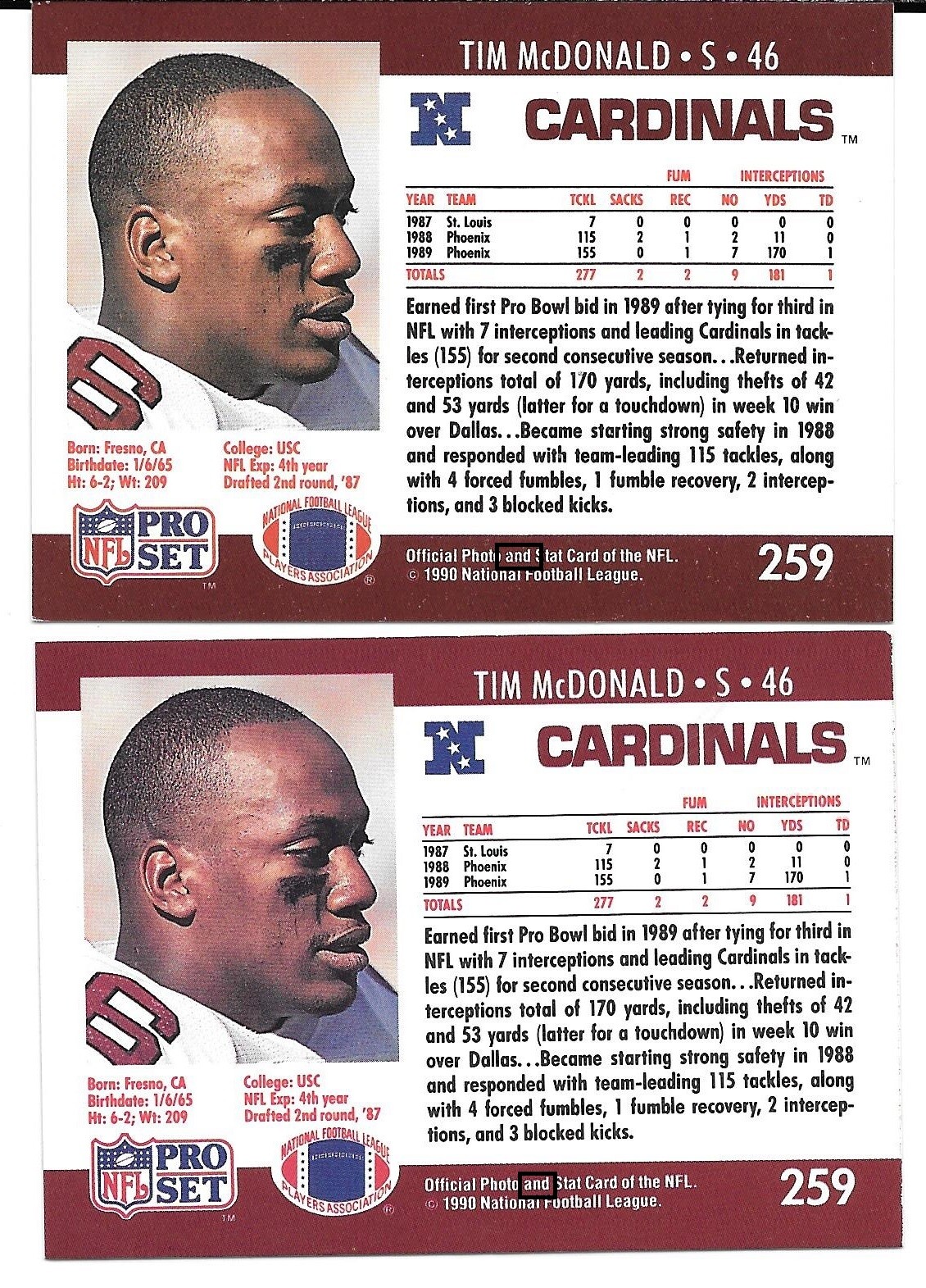 1990 Pro Set #259 Tim McDonald (Cardinals)(W/WO Red Line on Back) | eBay
