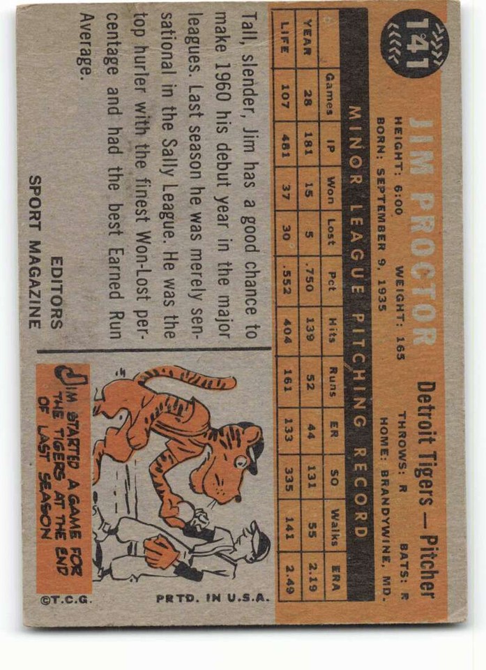 1960 Topps #141 Jim Proctor VG/EX Very Good/Excellent RC Rookie Tigers ...