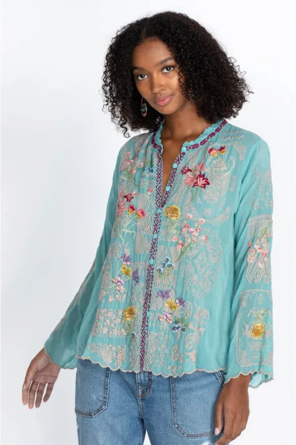 Johnny Was Allbee Embroidered Long Sleeve Blouse Boho Chic C10322 | eBay