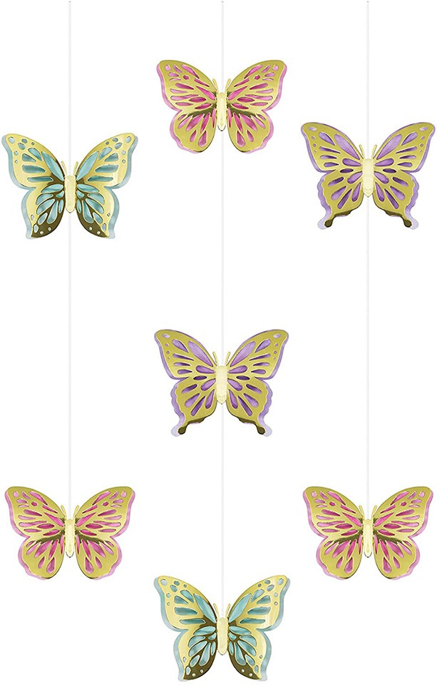 Butterfly Party Hanging Decorations Gold Foil & Pastel Hanging Strings ...