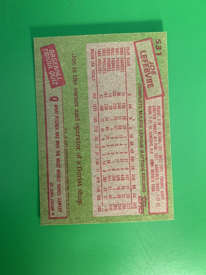 1985 Topps Joe Lefebvre #531 Philadelphia Phillies | eBay