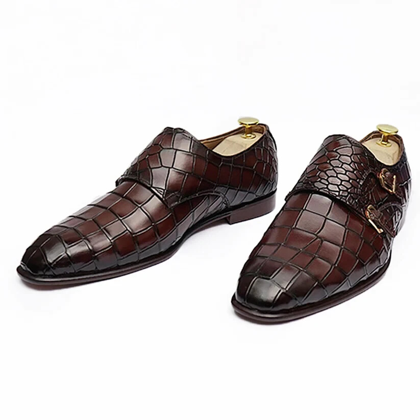 Handmade men brown crocodile shoes, men double monk dress shoe, formal ...