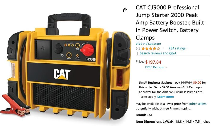 CAT CJ3000 Professional Jump Starter 2000 Peak/1000 Instant Amps Built ...