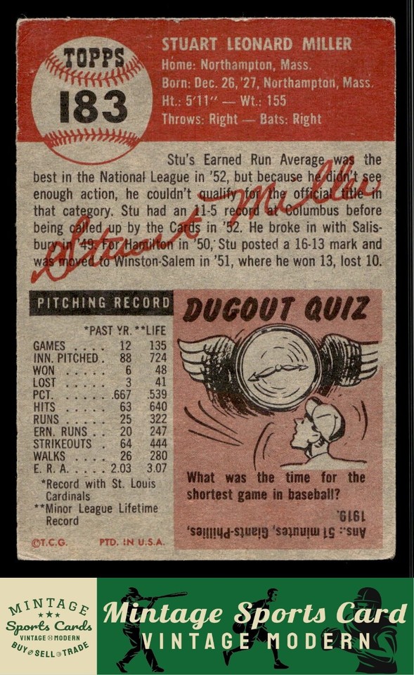1953 Topps - Stu Miller - Rookie RC #183 St. Louis Cardinals | eBay