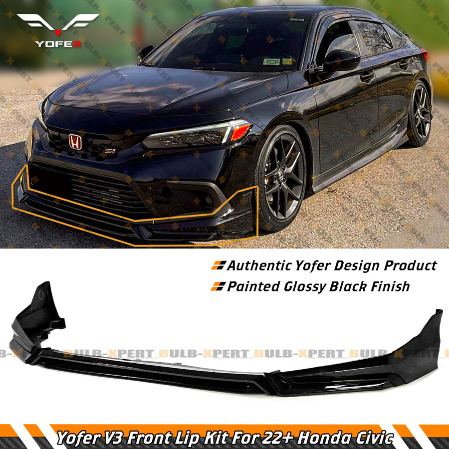 For 2022-24 11th Honda Civic Yofer V3 Glossy Black Front Bumper Lip ...